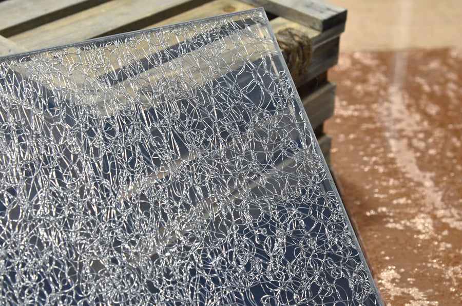 Abstract metal mesh opaque architectural laminated glass. – AvantArtGlass